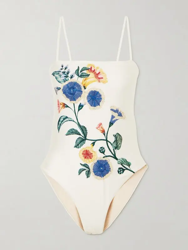 Agua Bendita Floral-embroidered Recycled One-piece Swimsuit - Neutrals