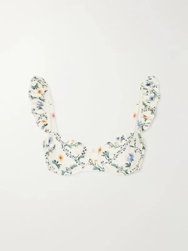 Agua Bendita Kiwi Brisa" Floral Print Bikini Top With Ruffled Straps - Neutrals