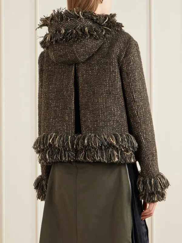 Sacai Wool-blend Tweed Frayed Zip-up Jacket