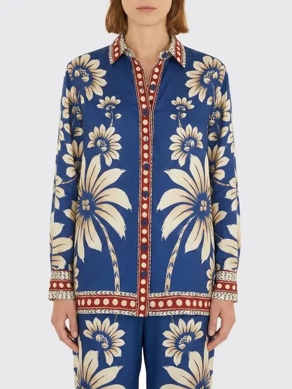 Farm Rio Luna Floral Print Linen Blend Shirt - Blue