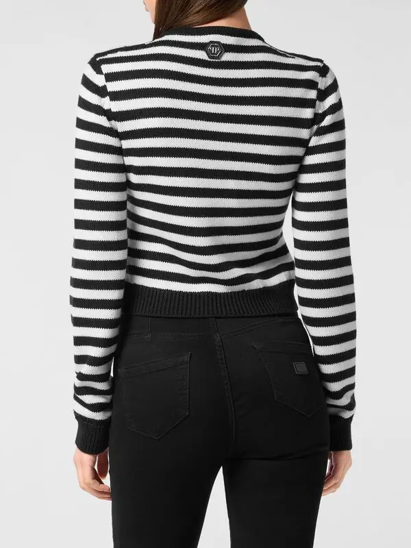 Philipp Plein Striped Cotton Crewneck Sweater With Teddy Bear Print - Black