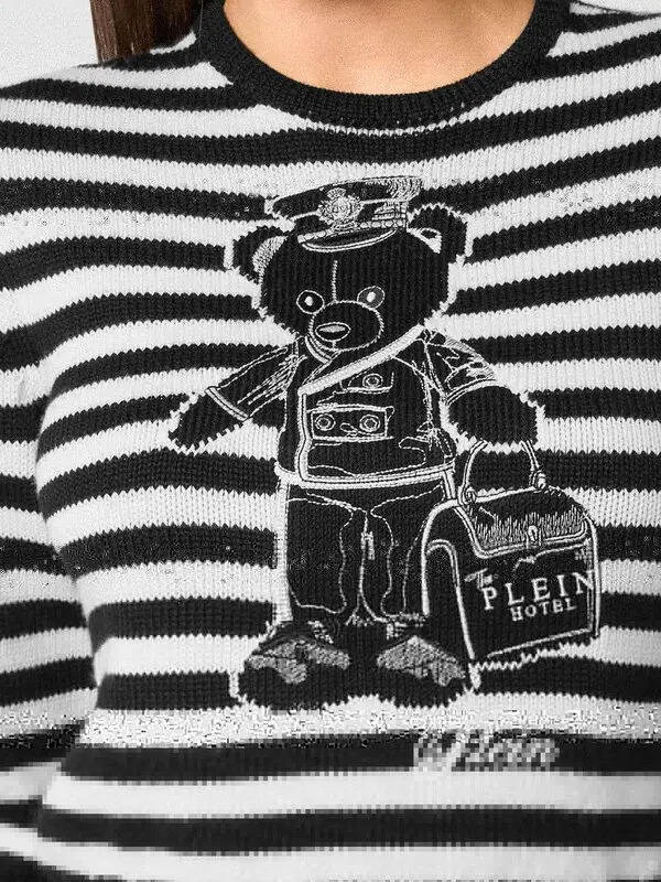 Philipp Plein Striped Cotton Crewneck Sweater With Teddy Bear Print - Black