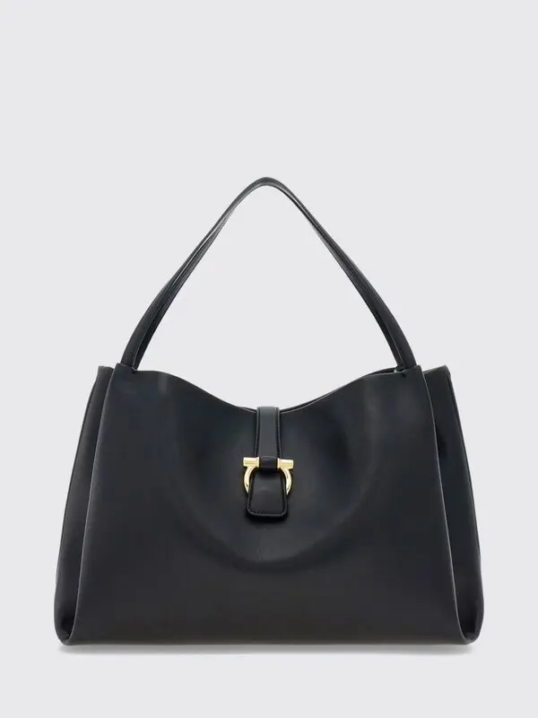FERRAGAMO Mia Calfskin Shoulder Bag With Gancini Logo - Black