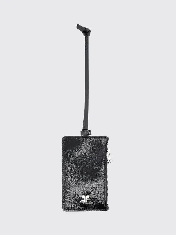 COURREGES Zipped Card Holder In Crinkled-effect Leather With Logo - Black