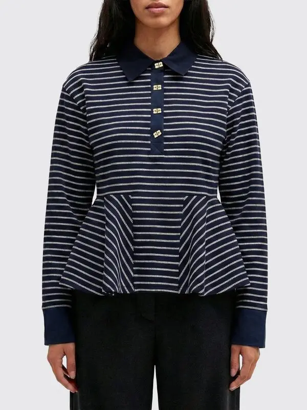 GANNI Striped Cotton Polo Shirt - Sky