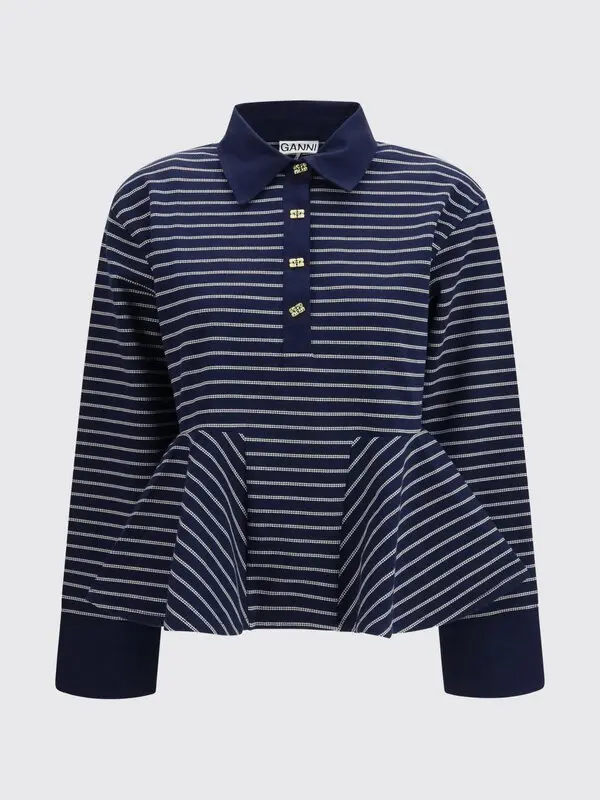 GANNI Striped Cotton Polo Shirt - Sky