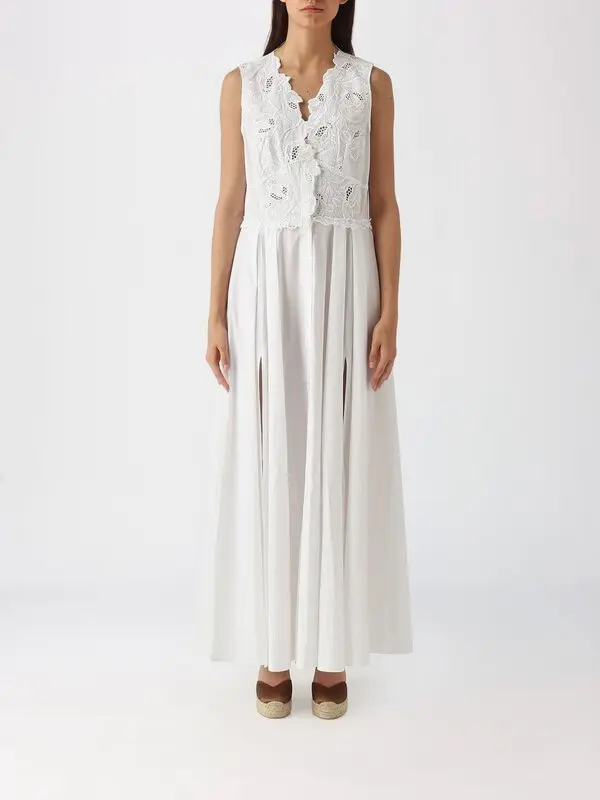 Ermanno Scervino A-line Cotton Long Dress With Macramé Lace Inserts