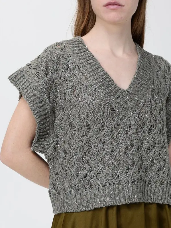 Brunello Cucinelli V-neck Short Sleeve Knit Top - Green