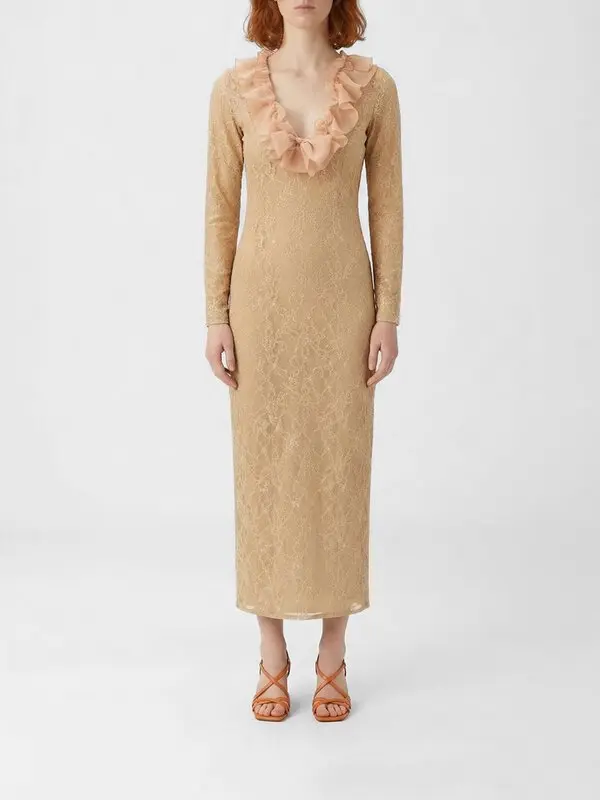 Alessandra Rich Lace Midi Dress With Ruffles - Nude