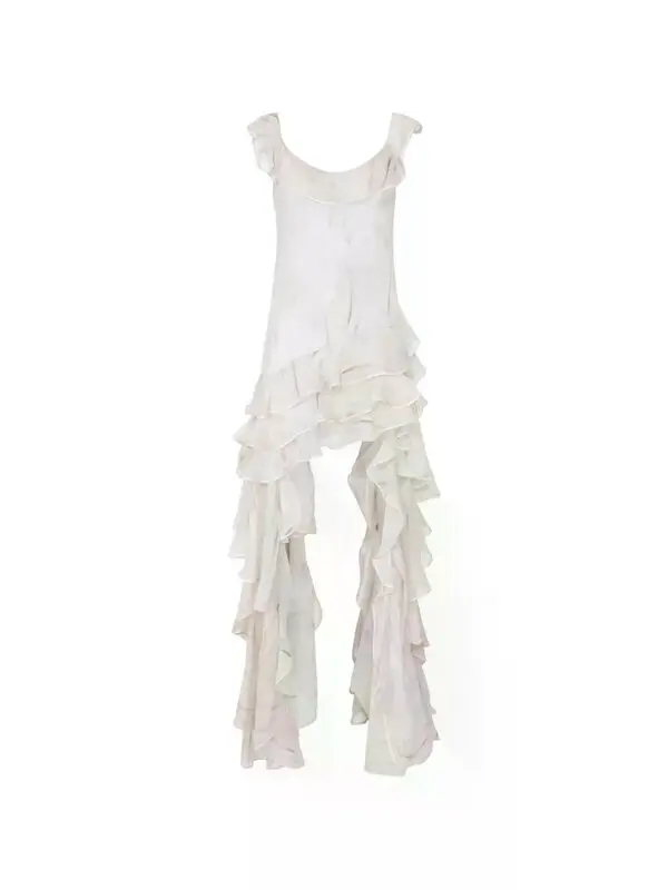 Elisabetta Franchi Georgette Dress With Feather Print And Ruffle Accents - Neutrals