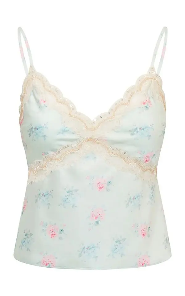 LoveShackFancy Floral Print Satin Top - Green