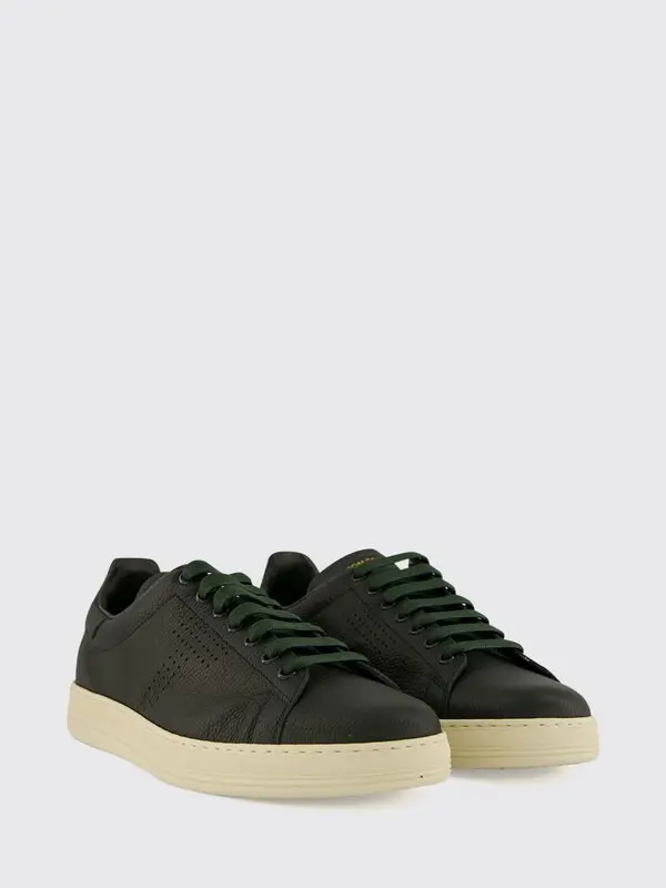 TOM FORD Grained Leather Low Top Sneakers With Perforated Monogram - Green