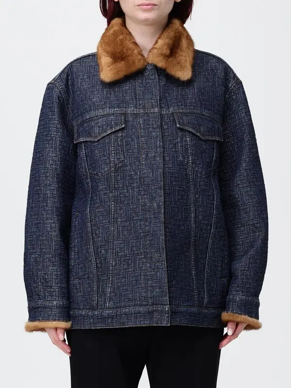 Fendi Relaxed Fit Denim Jacket With Fur Collar And Cuffs