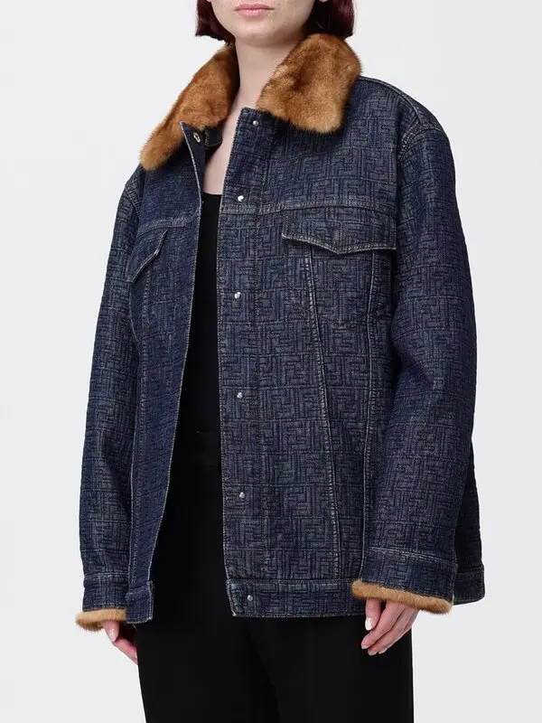 Fendi Relaxed Fit Denim Jacket With Fur Collar And Cuffs
