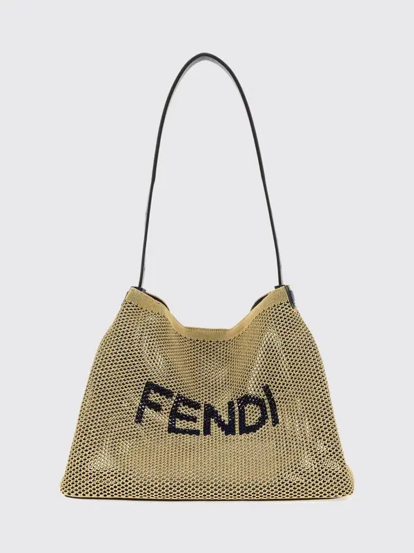 Fendi Perforated Raffia Shoulder Bag With Lettering Logo