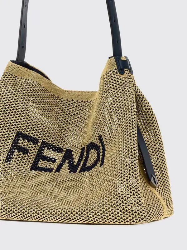 Fendi Perforated Raffia Shoulder Bag With Lettering Logo