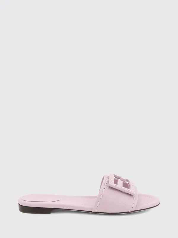 Fendi Baguette Flat Sandals In Grained Calfskin With Ff Monogram - Pink