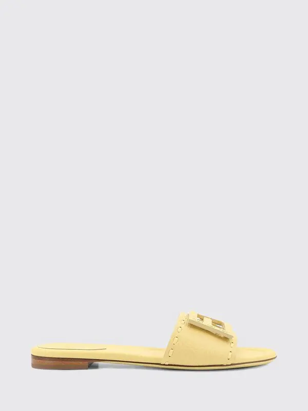 Fendi Baguette Flat Sandals In Grained Calfskin With Ff Monogram - Yellow