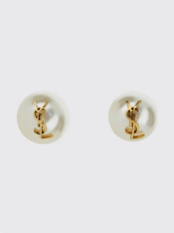 Saint Laurent Pearl Stud Earrings With Logo Detail - Steel