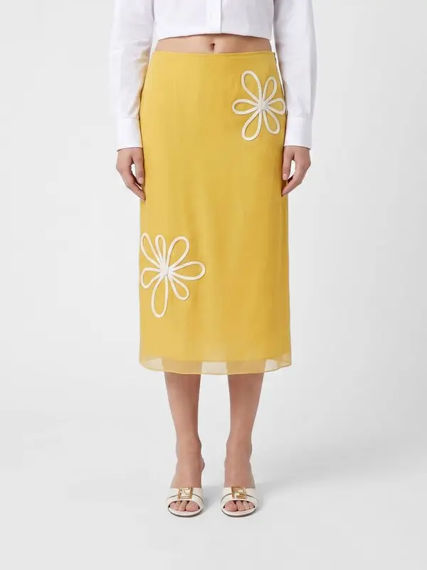 Fendi Silk Organza Floral Embroidered Midi Pencil Skirt