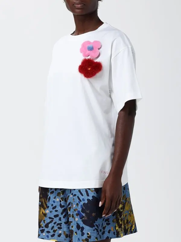 Fendi Cotton T-shirt With Mink Fur Flowers