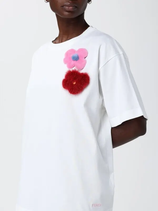 Fendi Cotton T-shirt With Mink Fur Flowers
