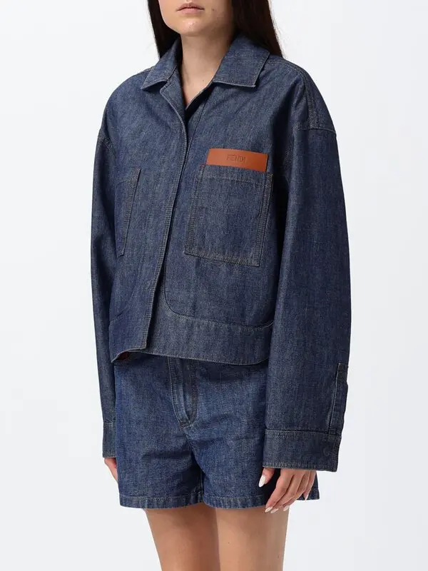 Fendi Cropped Denim Jacket With Embossed Logo