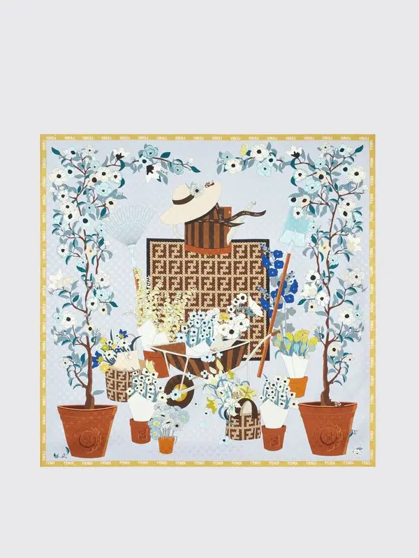 Fendi Gardening Floral And Ff Monogram Print Silk Foulard - Gnawed Blue