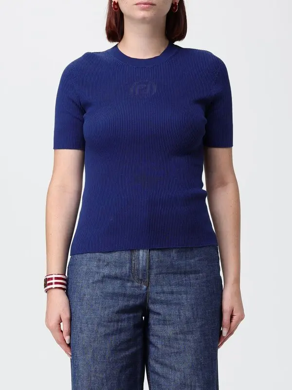 Fendi Ff Monogram Ribbed Cotton Short-sleeve Knit Top - Blue