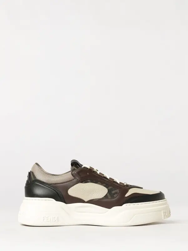 Fendi Force Leather And Mesh Ff Monogram Sneakers With Platform Sole - Multicolor