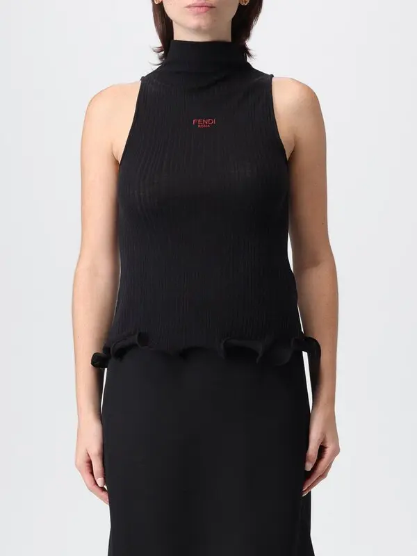 Fendi Embroidered Logo Turtleneck Top - Black