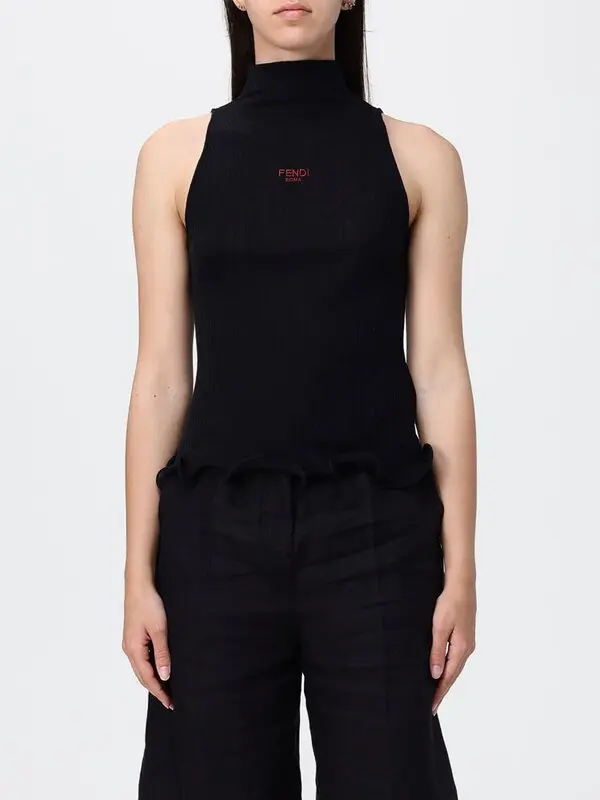 Fendi Embroidered Logo Turtleneck Top - Black