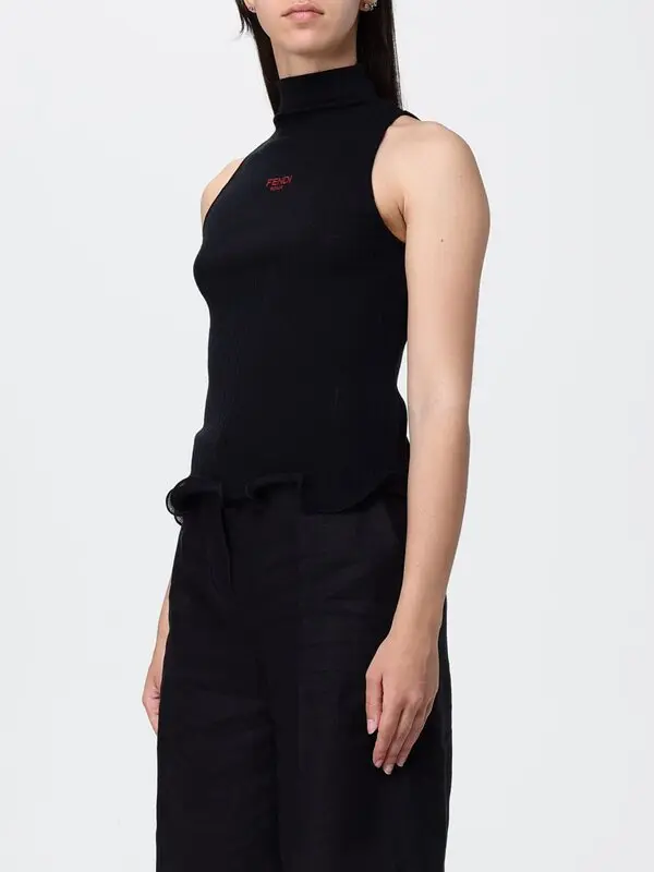 Fendi Sleeveless Ribbed Turtleneck Top With Embroidered Logo