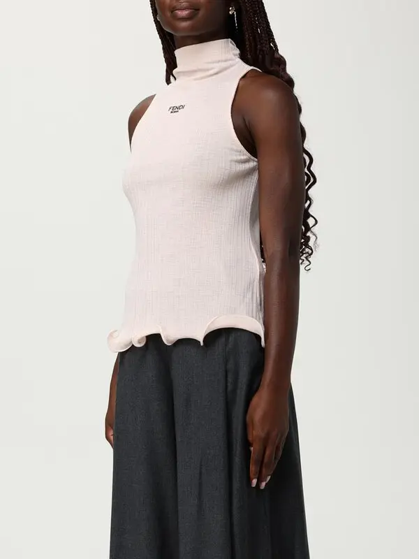 Fendi Sleeveless Ribbed Turtleneck Top With Embroidered Logo - Pink
