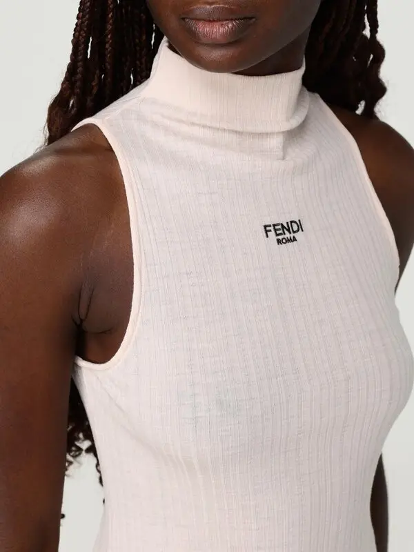 Fendi Sleeveless Ribbed Turtleneck Top With Embroidered Logo - Pink