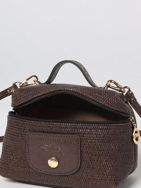Longchamp Le Pliage Mini Raffia Handbag With Leather Handle - Ebony