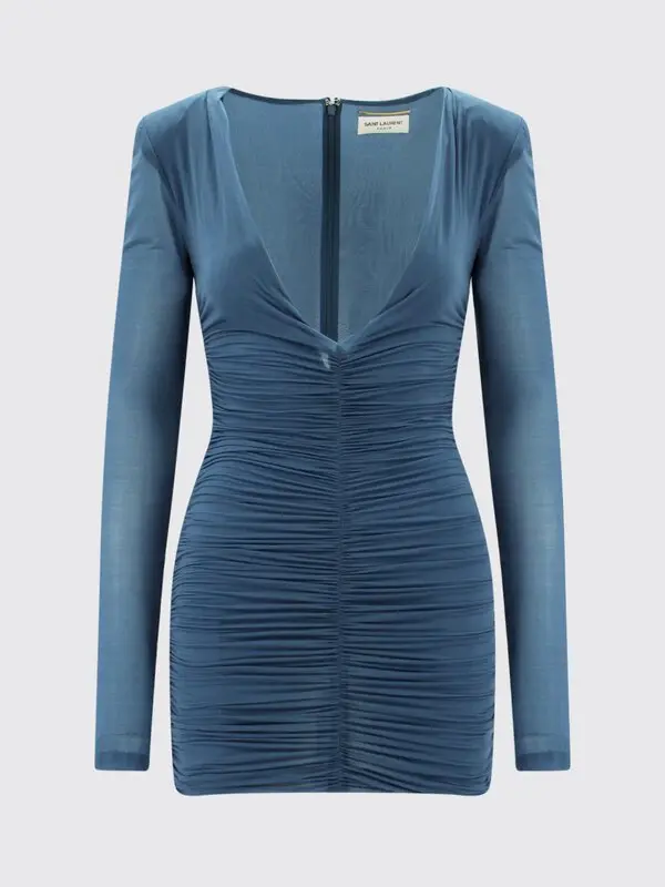 Saint Laurent Ruched Jersey Sheath Mini Dress With Deep V-neckline