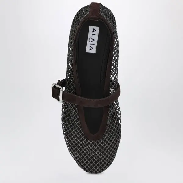 Alaïa Flat Rhinestone Mesh Ballerinas In Suede - Brown