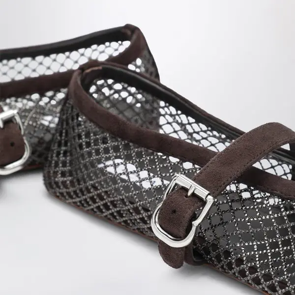 Alaïa Flat Rhinestone Mesh Ballerinas In Suede - Brown