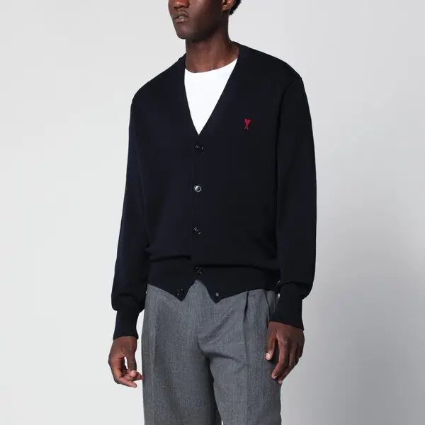 AMI Paris Navy Merino Wool De Coeur Cardigan