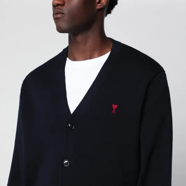 AMI Paris Navy Merino Wool De Coeur Cardigan