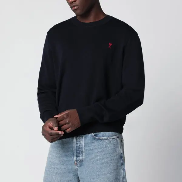AMI Paris Navy Wool Crewneck Sweater With De Coeur Embroidery