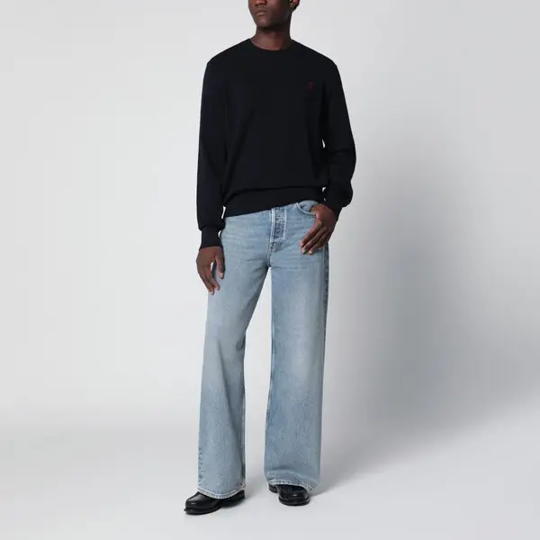 AMI Paris Navy Wool Crewneck Sweater With De Coeur Embroidery