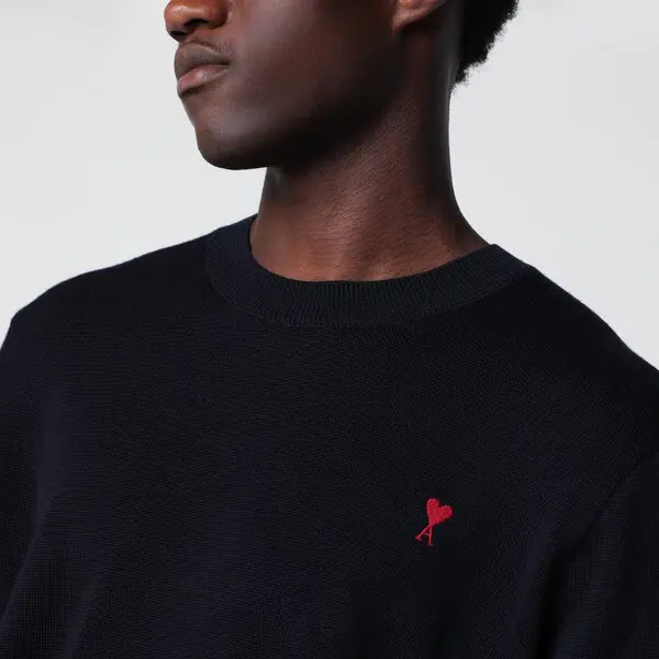 AMI Paris Navy Wool Crewneck Sweater With De Coeur Embroidery