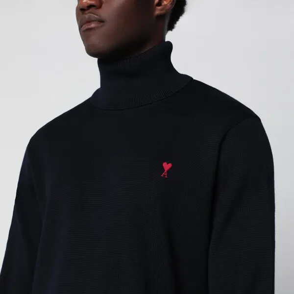 AMI Paris Navy Turtleneck Sweater With De Coeur Embroidery