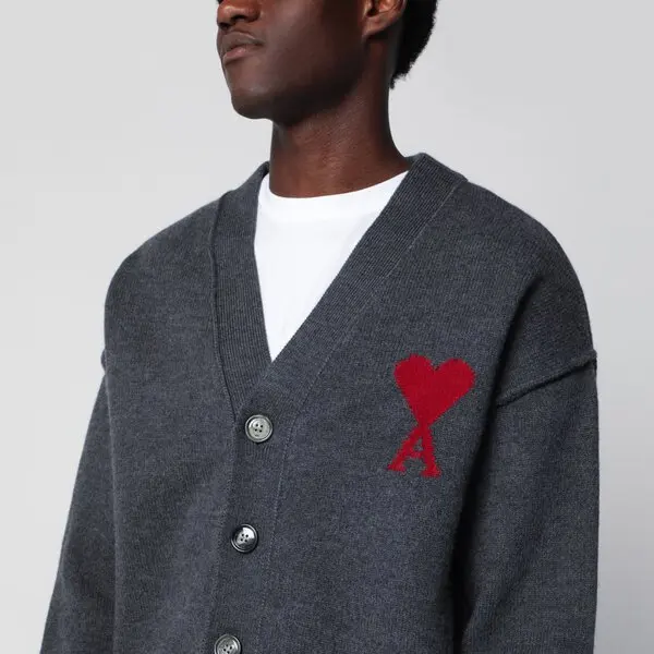 AMI Paris Virgin Wool Cardigan With De Coeur Logo
