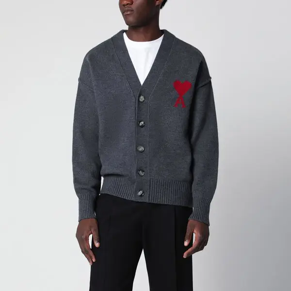 AMI Paris Virgin Wool Cardigan With De Coeur Logo - Grey