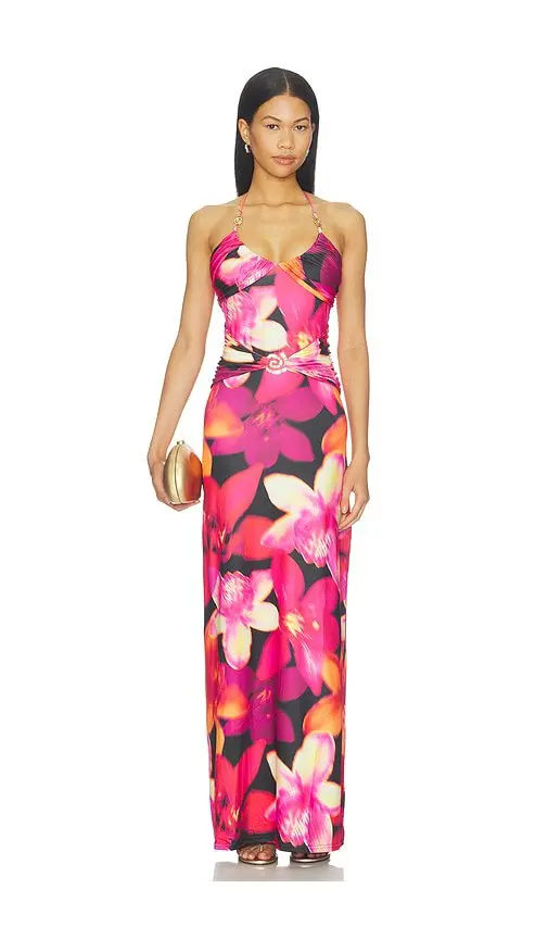 RUNAWAY THE LABEL Nina Ruched Halter Maxi Dress