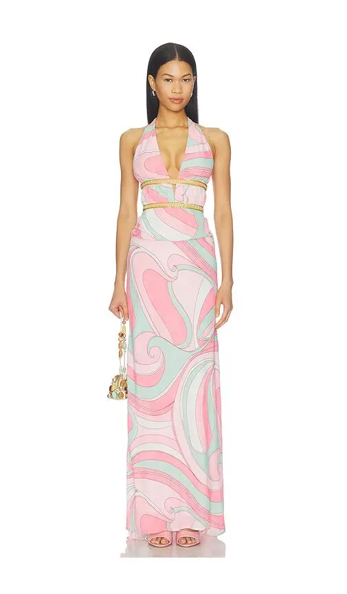 RUNAWAY THE LABEL Xylia Halter Low Plunge Maxi Dress - Multi