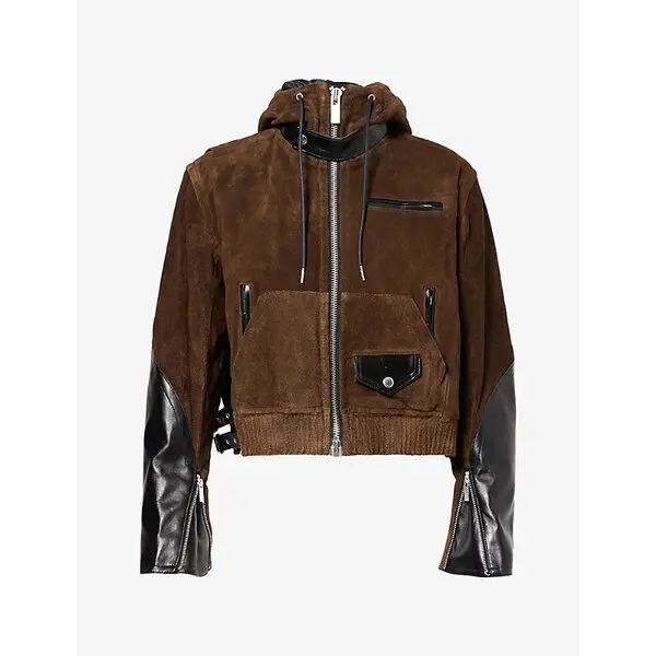 Sacai Panelled Leather And Suede Zip-up Hoodie